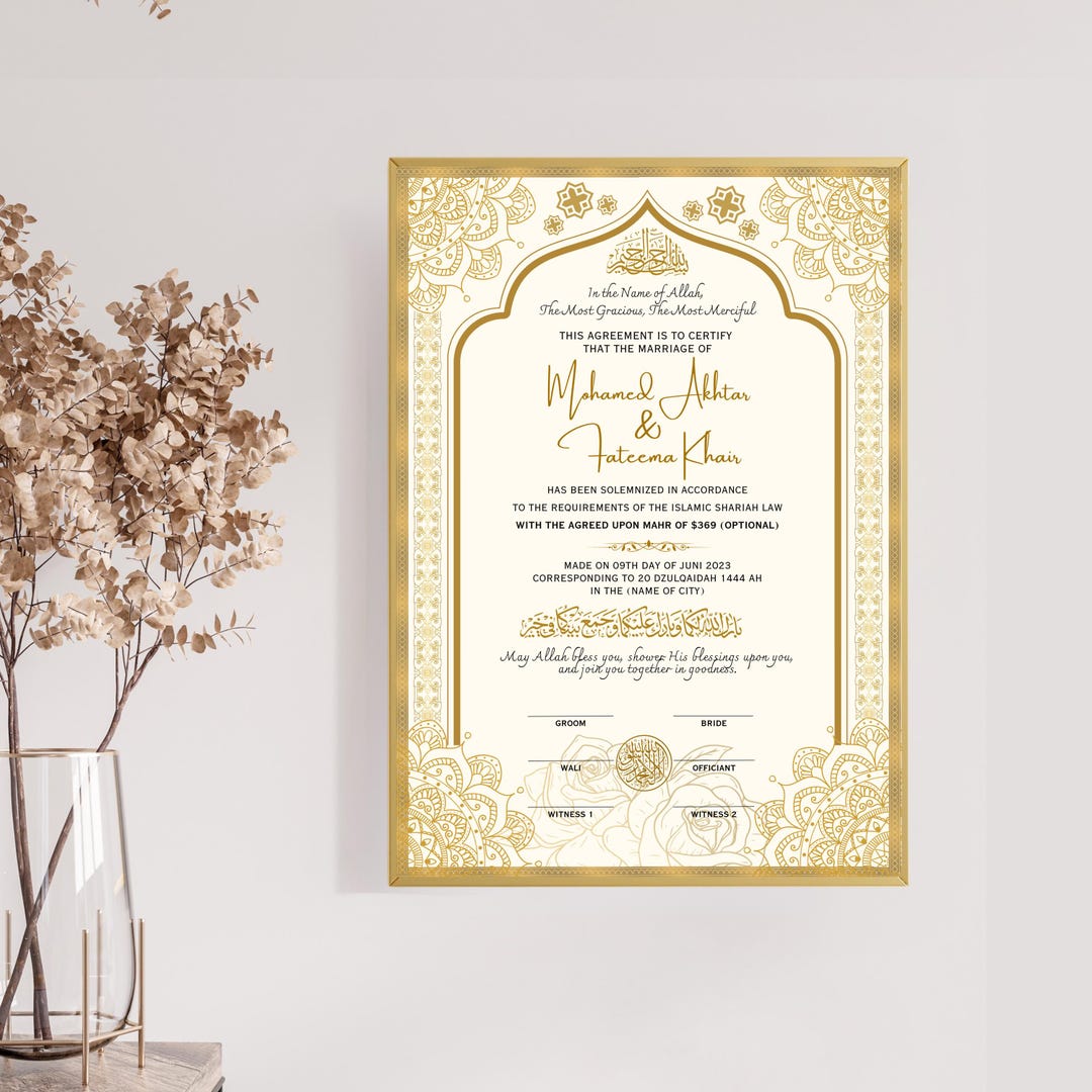 Nikkah Certificate A3 Digital - Nikkah Contract Template With Witness ...