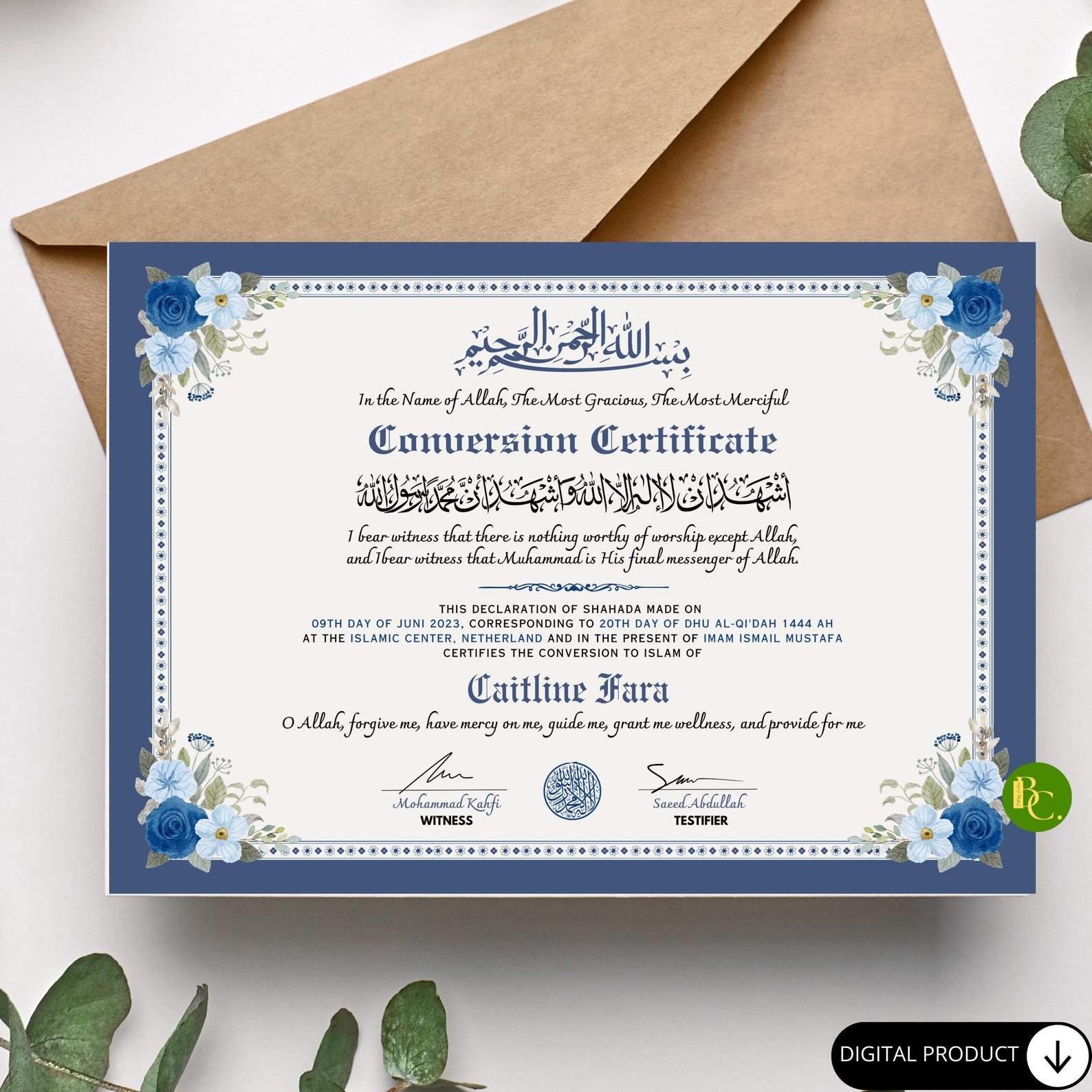 Personalized Muslim Revert Certificate - Islamic Conversion Keepsake ...