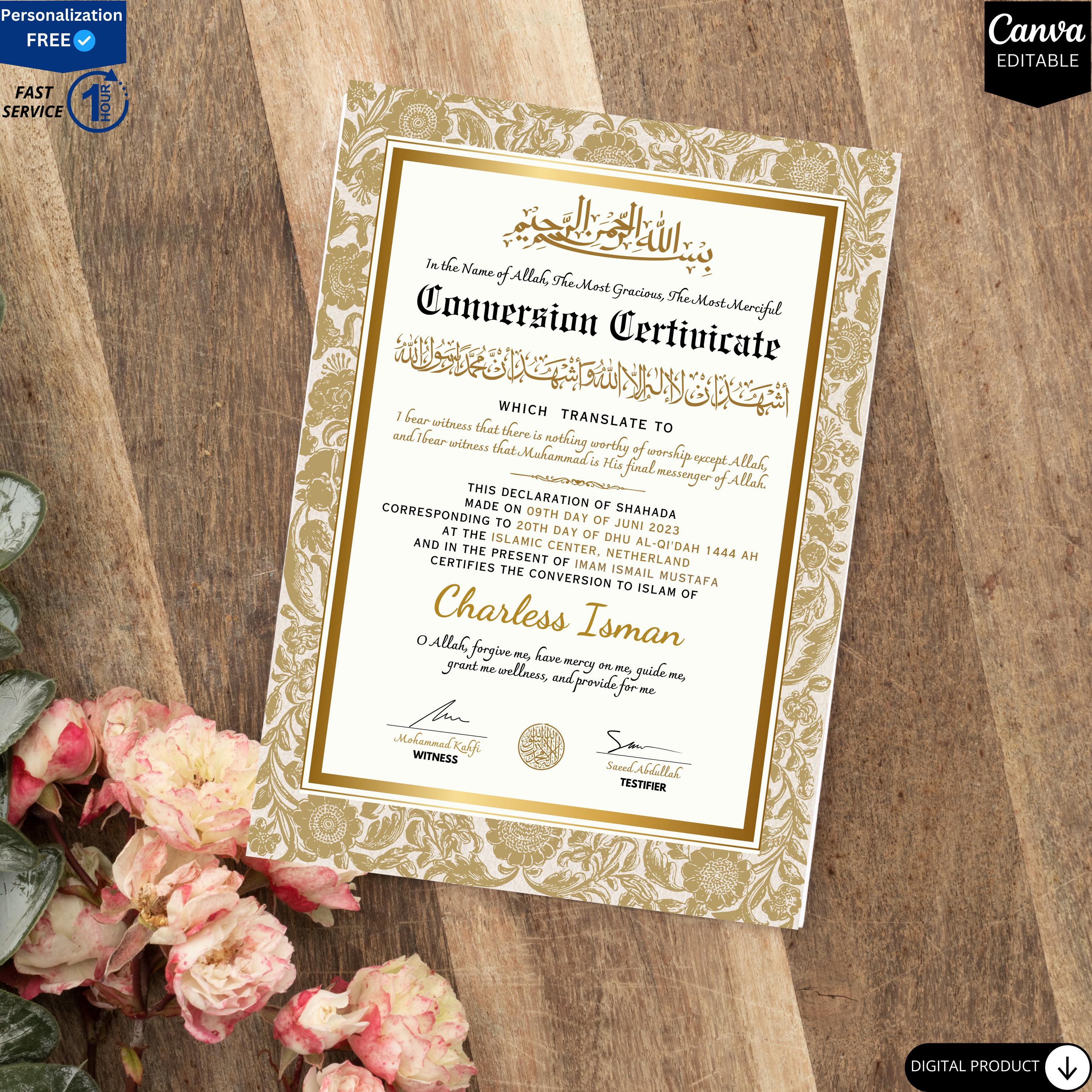 Editable Shahada Certificate: Islam Conversion Keepsake (digital ...