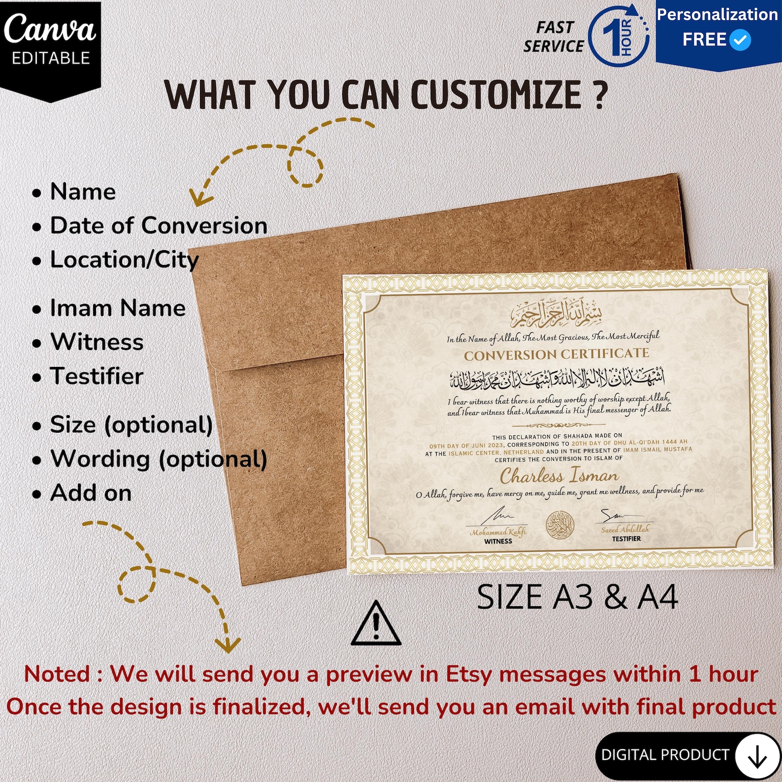Islam Conversion Certificate - Personalized Digital Shahada Certificate ...