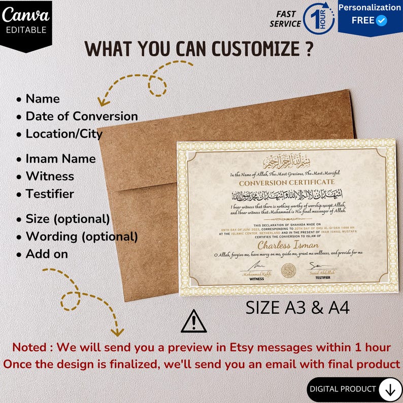 Islam Conversion Certificate - Personalized Digital Shahada Certificate ...