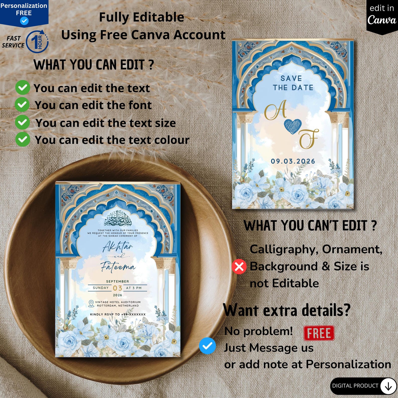 Blue Islamic Wedding Invitation Template: Elegant Nikkah Invite (canva ...
