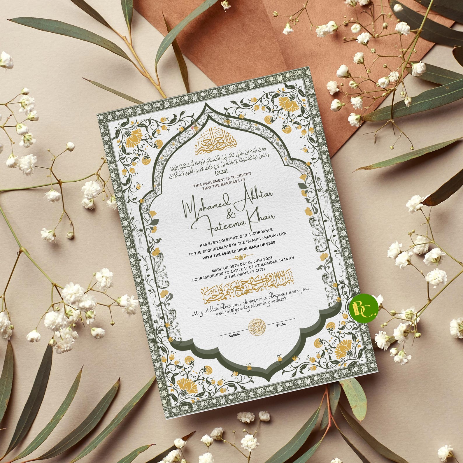 Elegant Nikkah Contract - Pastel Green Floral Islamic Marriage ...