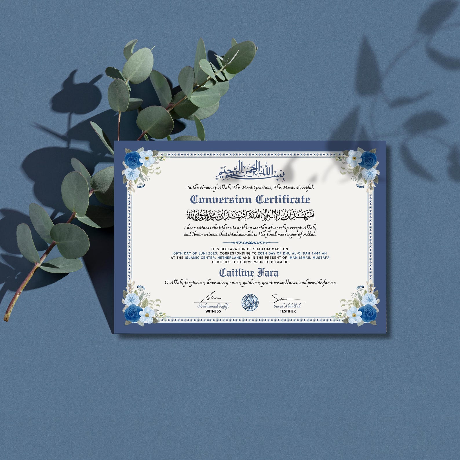 Personalized Muslim Revert Certificate - Islamic Conversion Keepsake ...