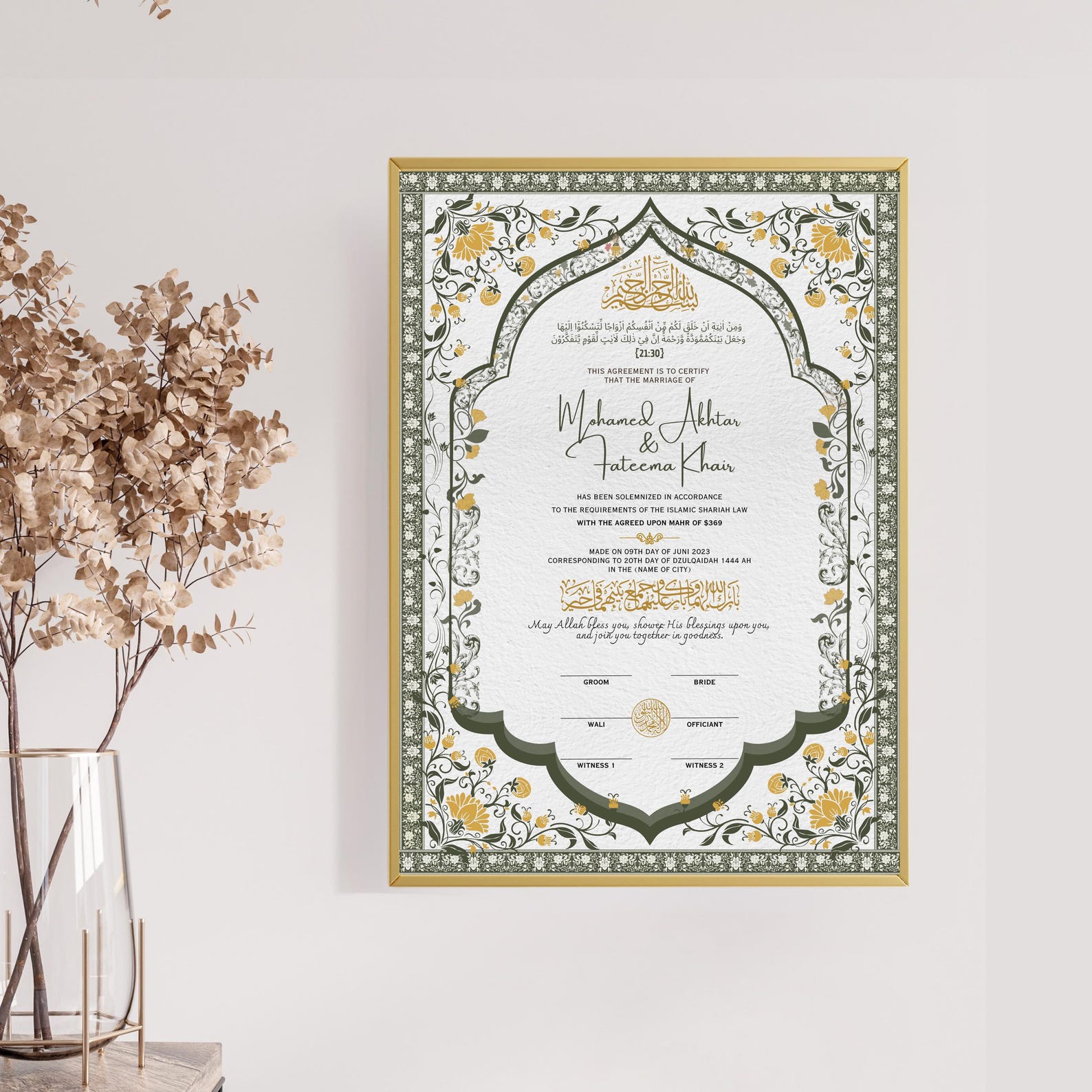 Elegant Nikkah Contract - Pastel Green Floral Islamic Marriage ...