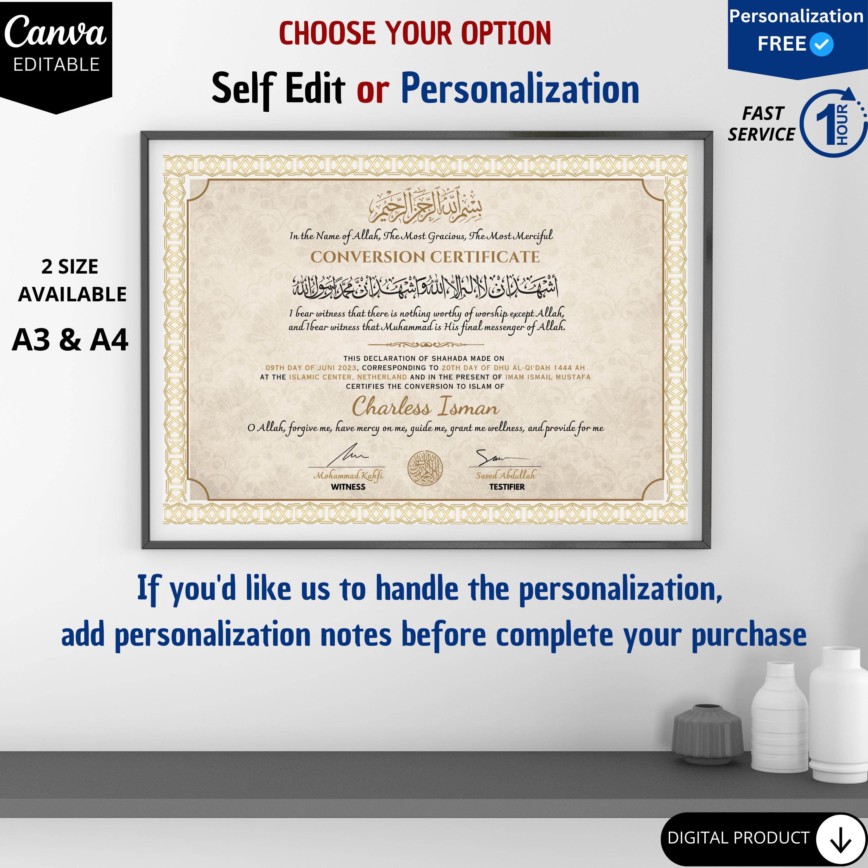 Islam Conversion Certificate - Personalized Digital Shahada Certificate ...