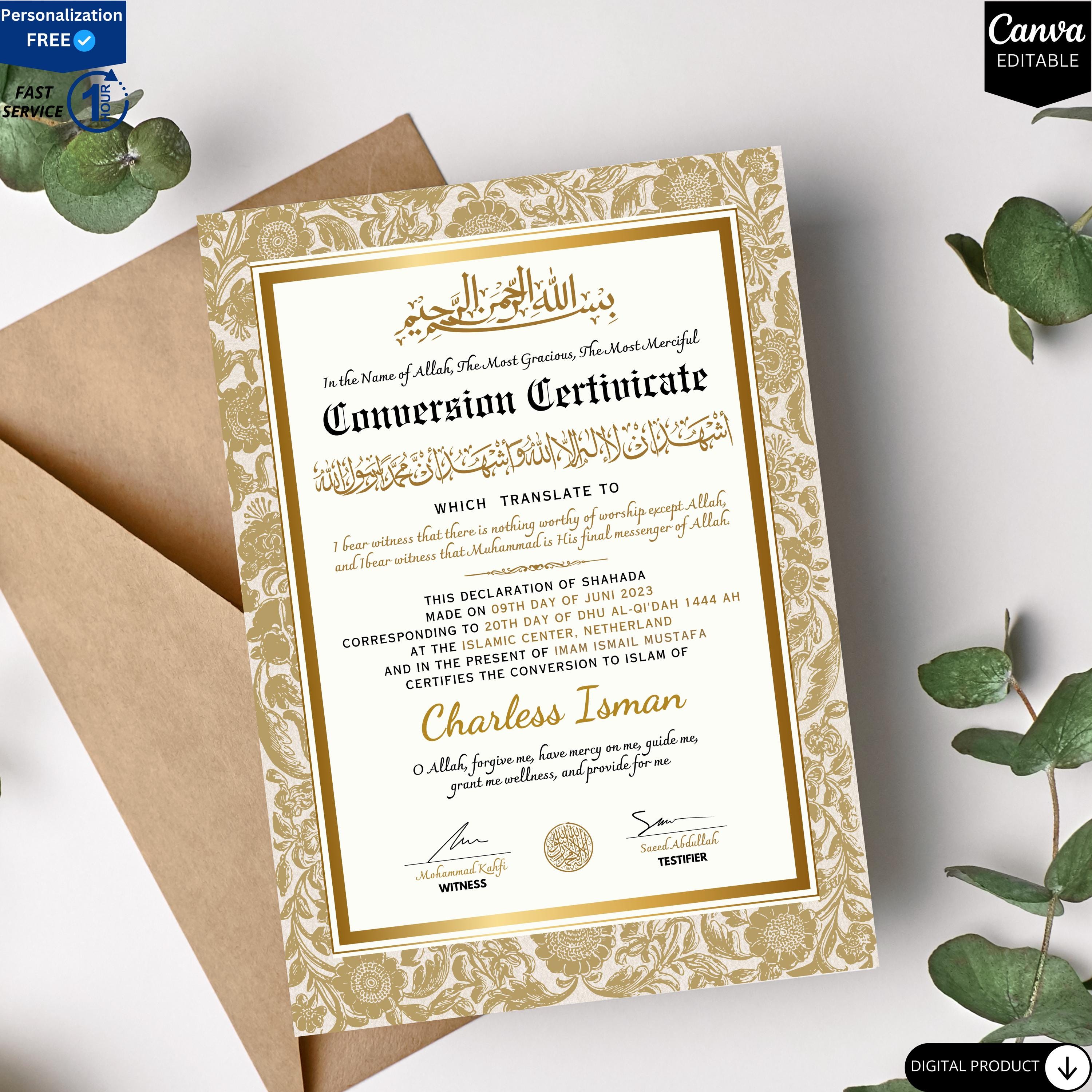 Editable Shahada Certificate: Islam Conversion Keepsake (digital ...