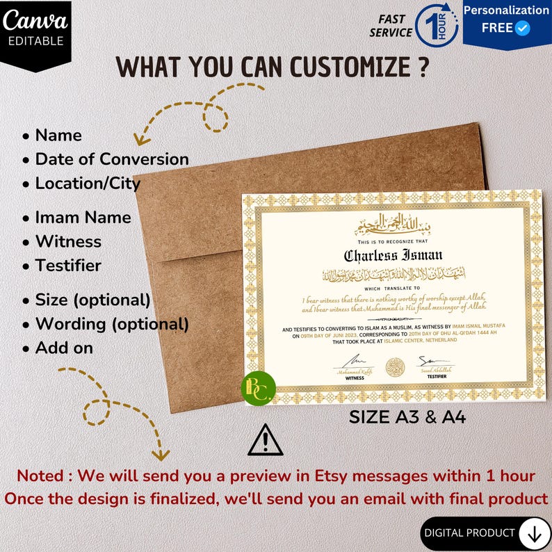 Muslim Conversion Certificate - Personalized Shahada Certificate - Etsy