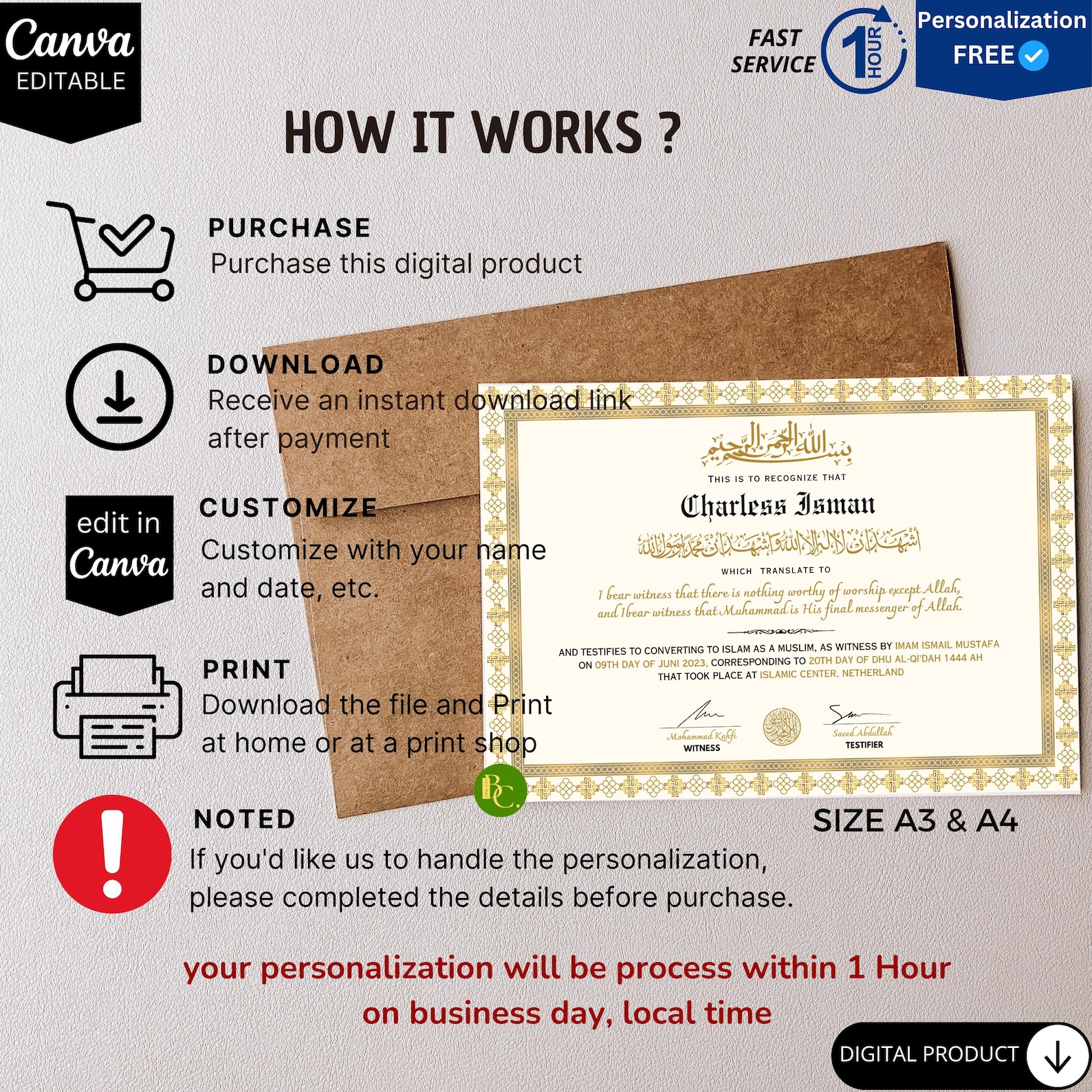 Muslim Conversion Certificate - Personalized Shahada Certificate - Etsy