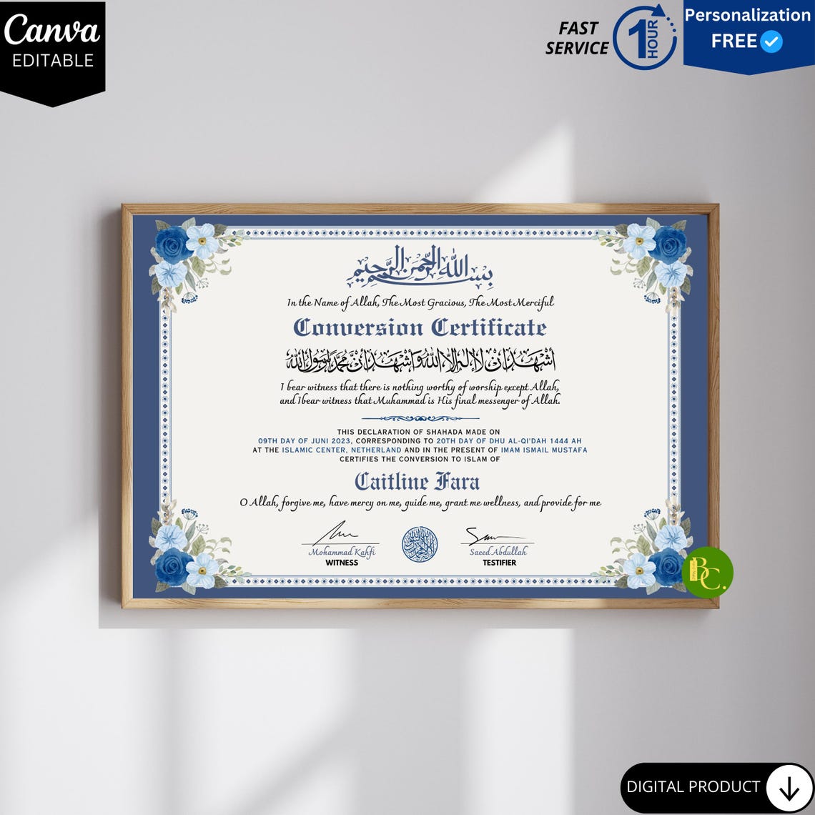 Personalized Muslim Revert Certificate - Islamic Conversion Keepsake ...