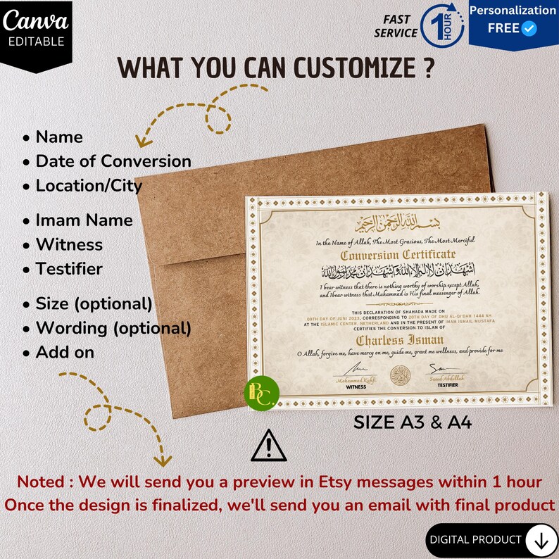 Custom New Muslim Certificate - Islamic Reversion Recognition Shada ...