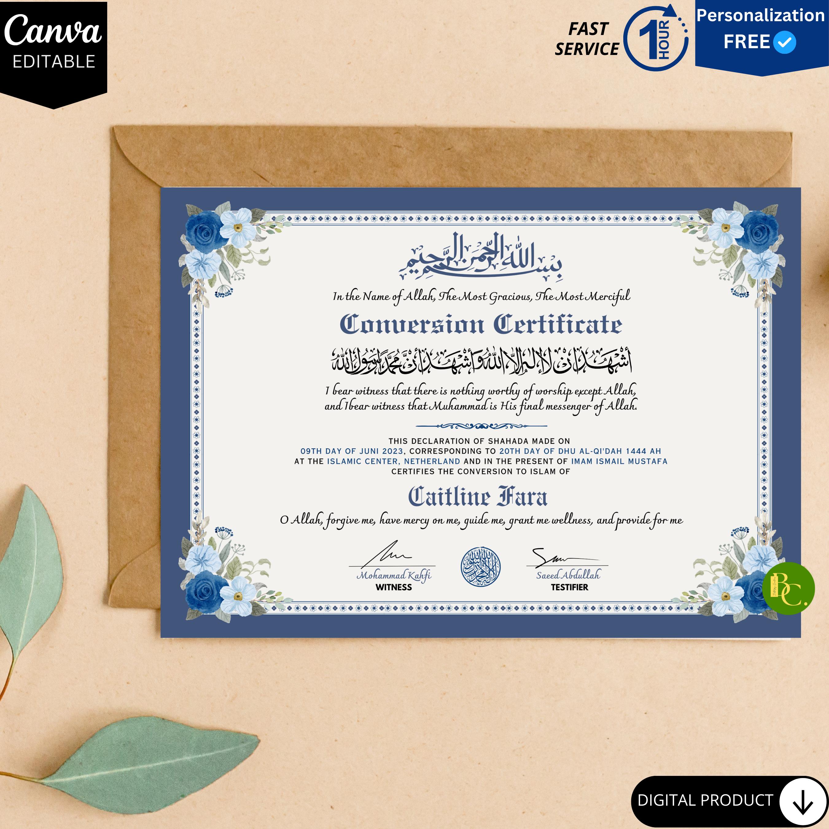 Personalized Muslim Revert Certificate - Islamic Conversion Keepsake ...