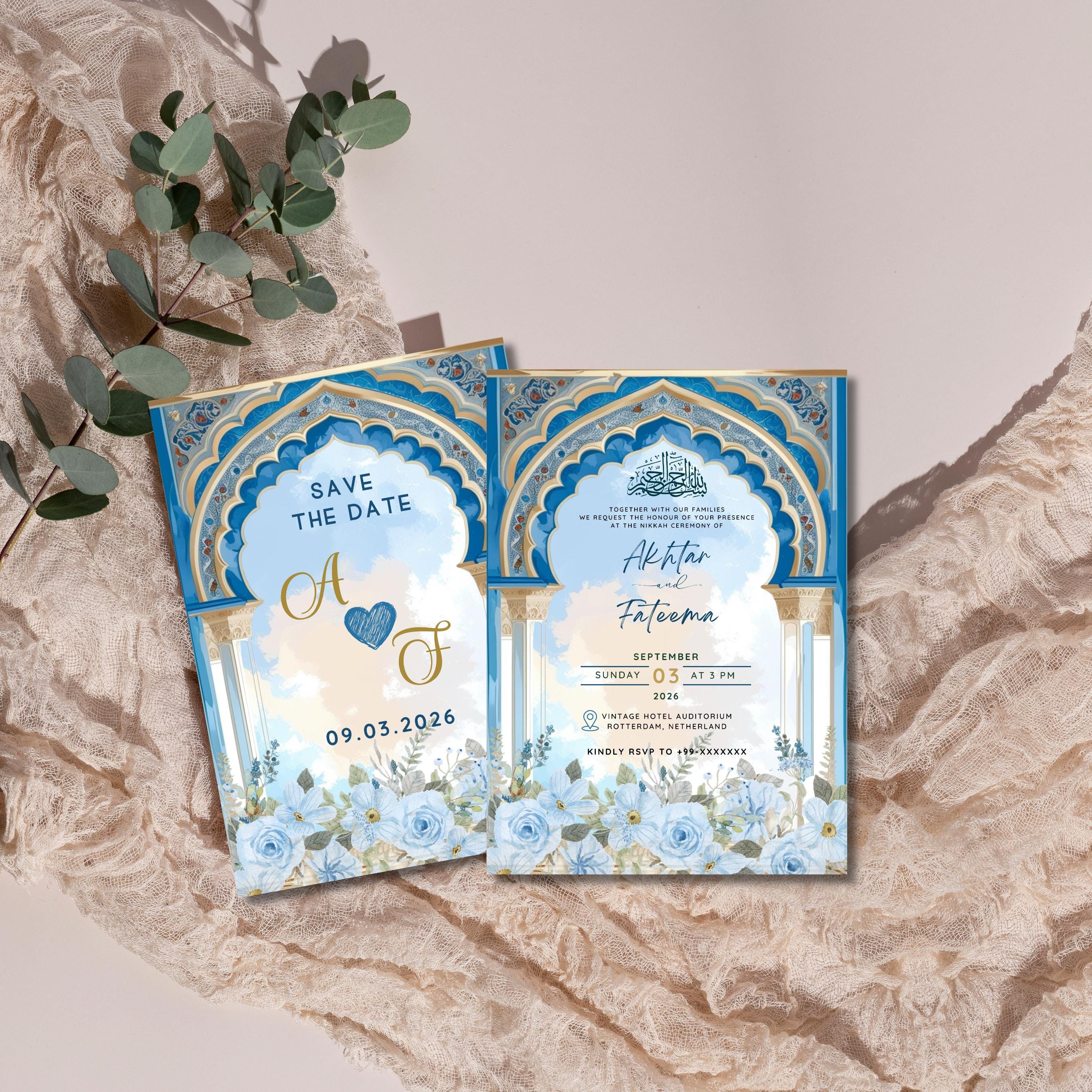 Blue Islamic Wedding Invitation Template: Elegant Nikkah Invite (canva ...