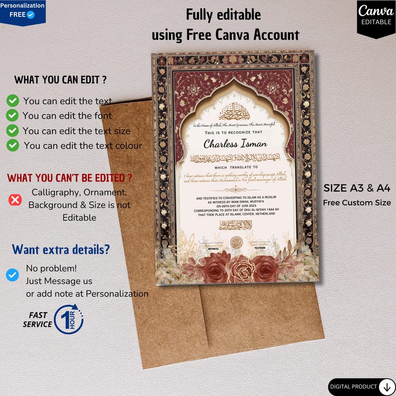 Custom Shahada Certificate: Islamic Conversion Gift (digital) - Etsy