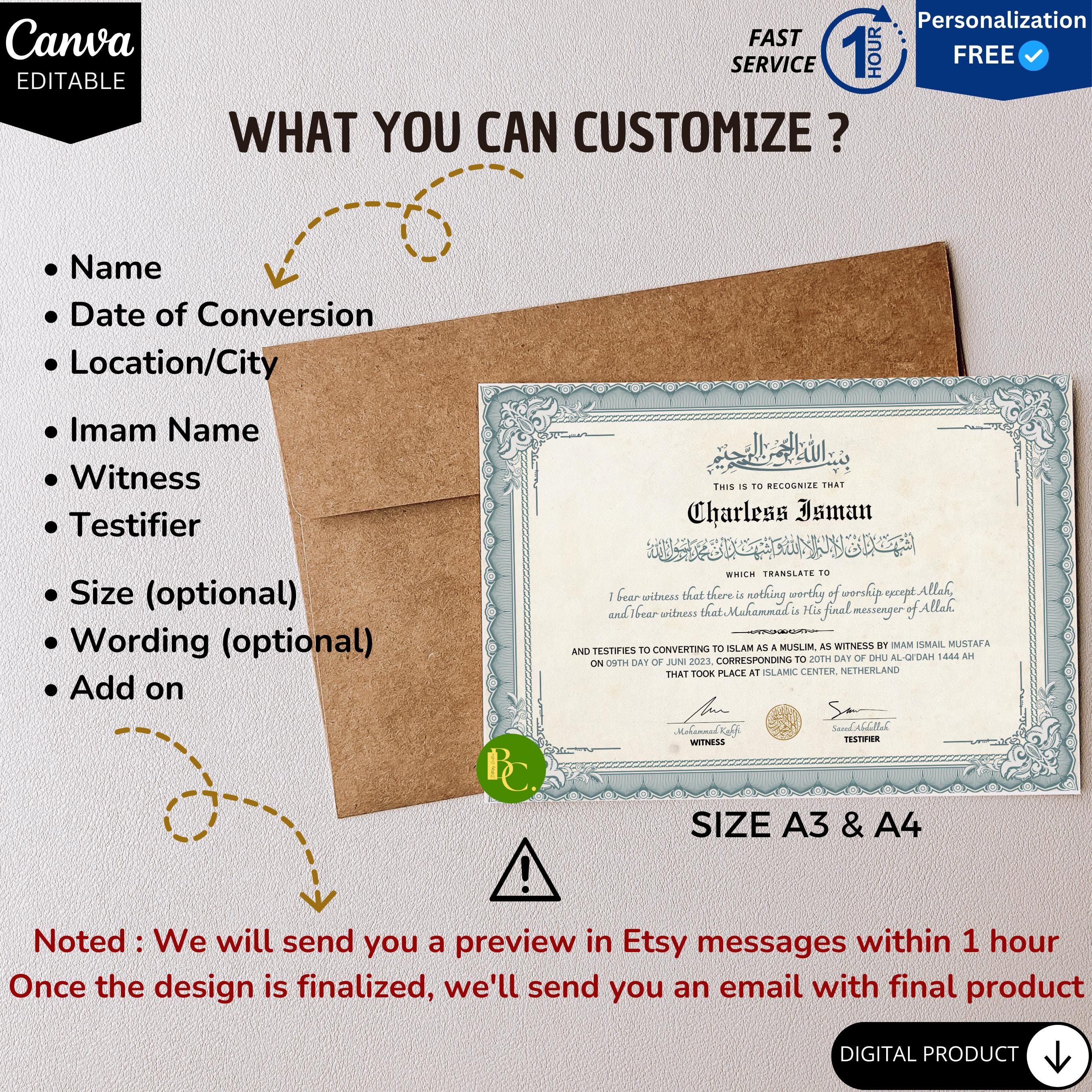 Islamic Conversion Certificate – Custom Digital Shahada Certificate for ...