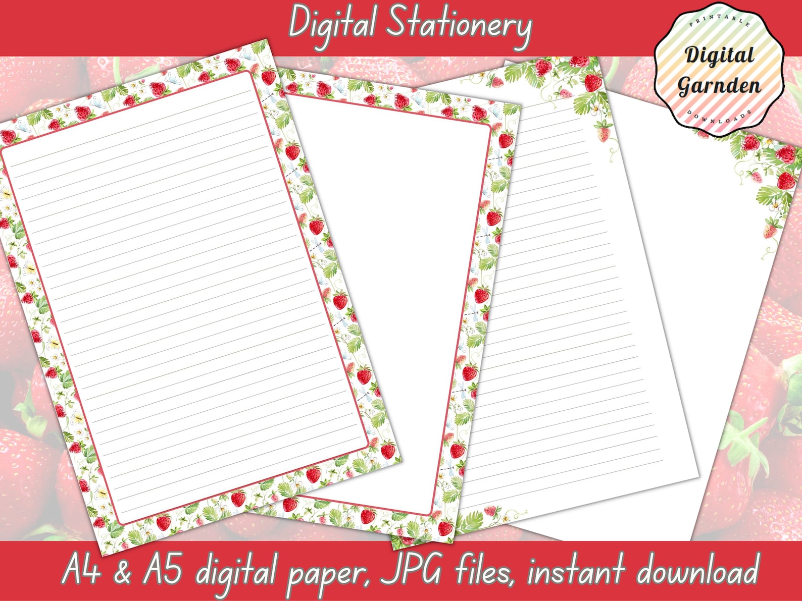 Sweet Strawberry Stationery, Printable Notepaper, Instant Download, Writing Paper, A4 and A5 ...