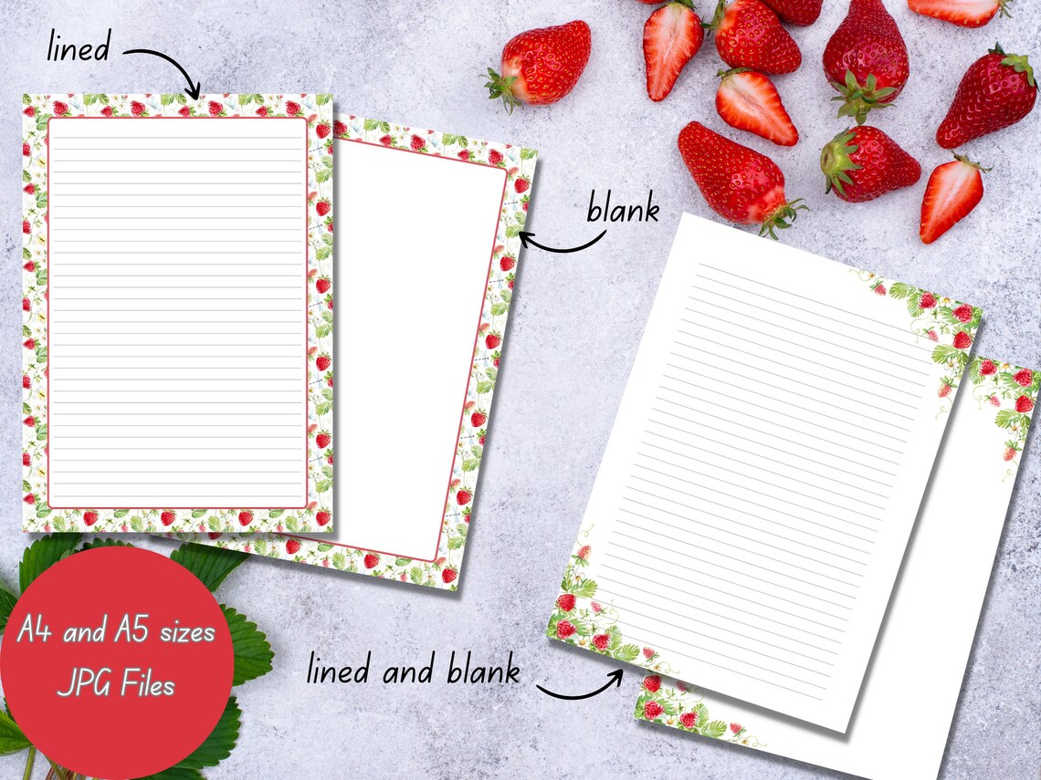Sweet Strawberry Stationery, Printable Notepaper, Instant Download ...