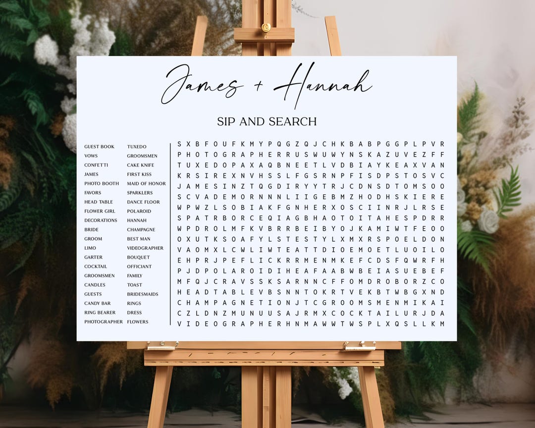 Extra Large Minimalist Wedding Personalized Word Search Puzzle | Sip ...