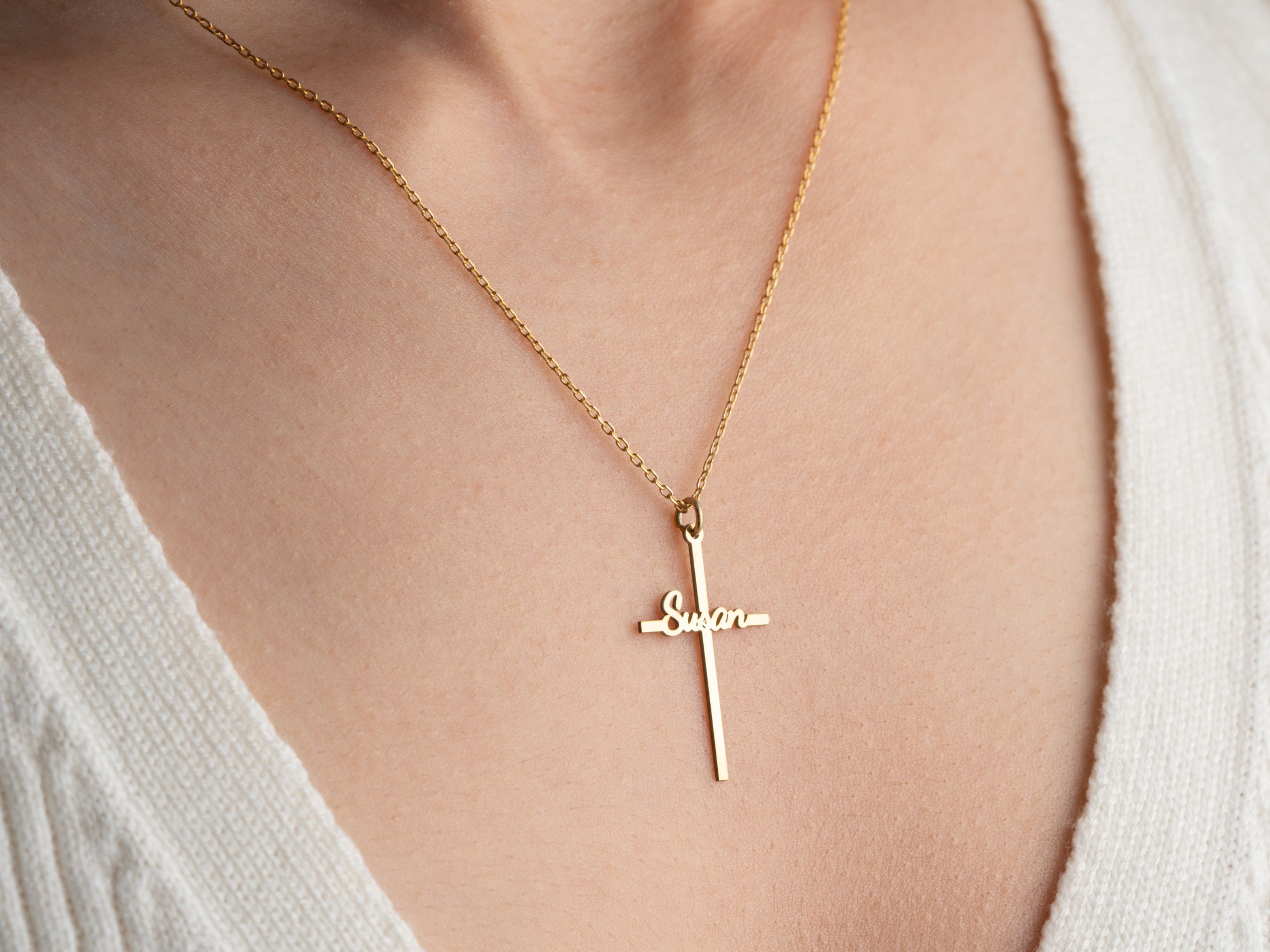 18K Gold Cross Name Necklace, Baptism Gift, Personalized Cross Necklace ...