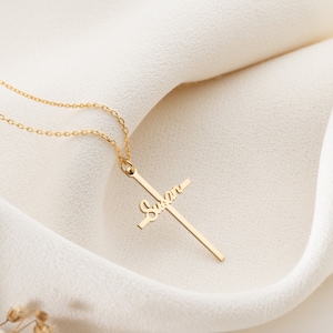 18K Gold Cross Name Necklace, Baptism Gift, Personalized Cross Necklace ...