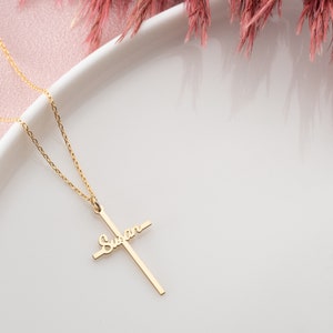 18K Gold Cross Name Necklace, Baptism Gift, Personalized Cross Necklace ...