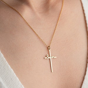 18K Gold Cross Name Necklace, Baptism Gift, Personalized Cross Necklace ...