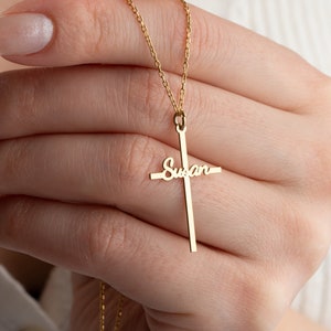 18K Gold Cross Name Necklace, Baptism Gift, Personalized Cross Necklace ...