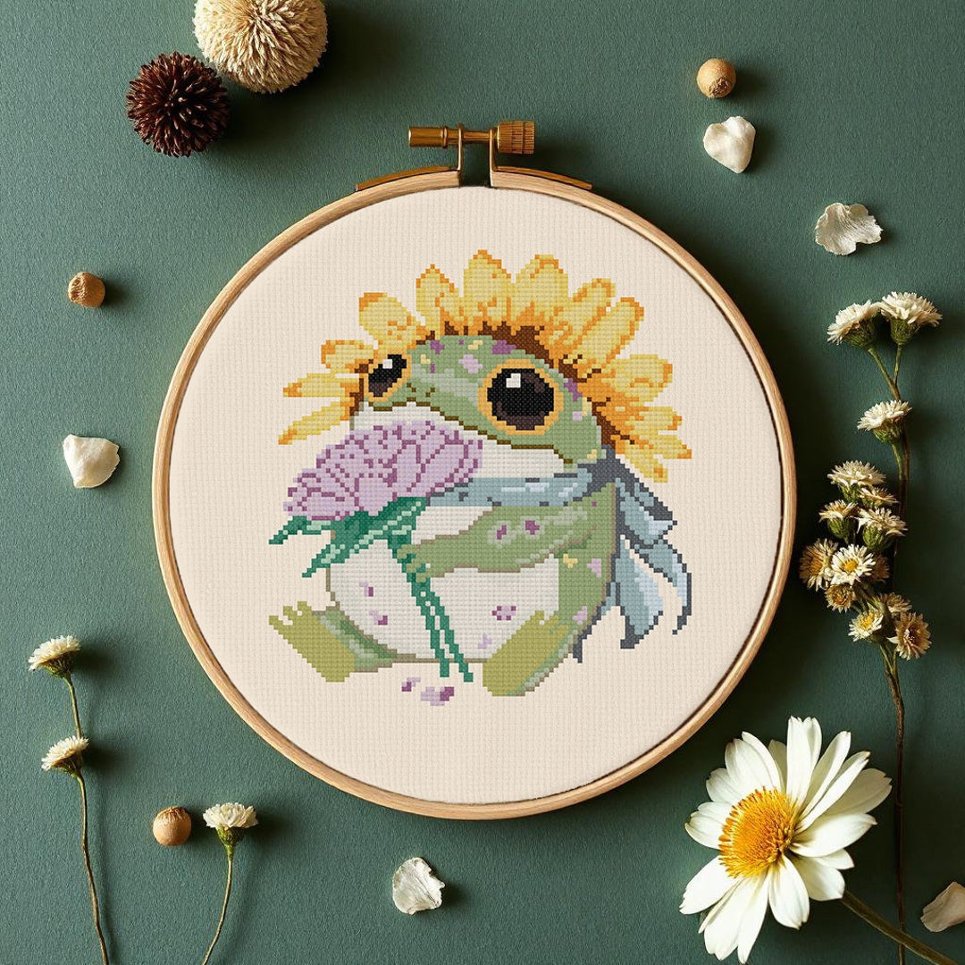 Cute Sunflower Frog Cross Stitch Pattern Designs Cute Animal Embroidery ...