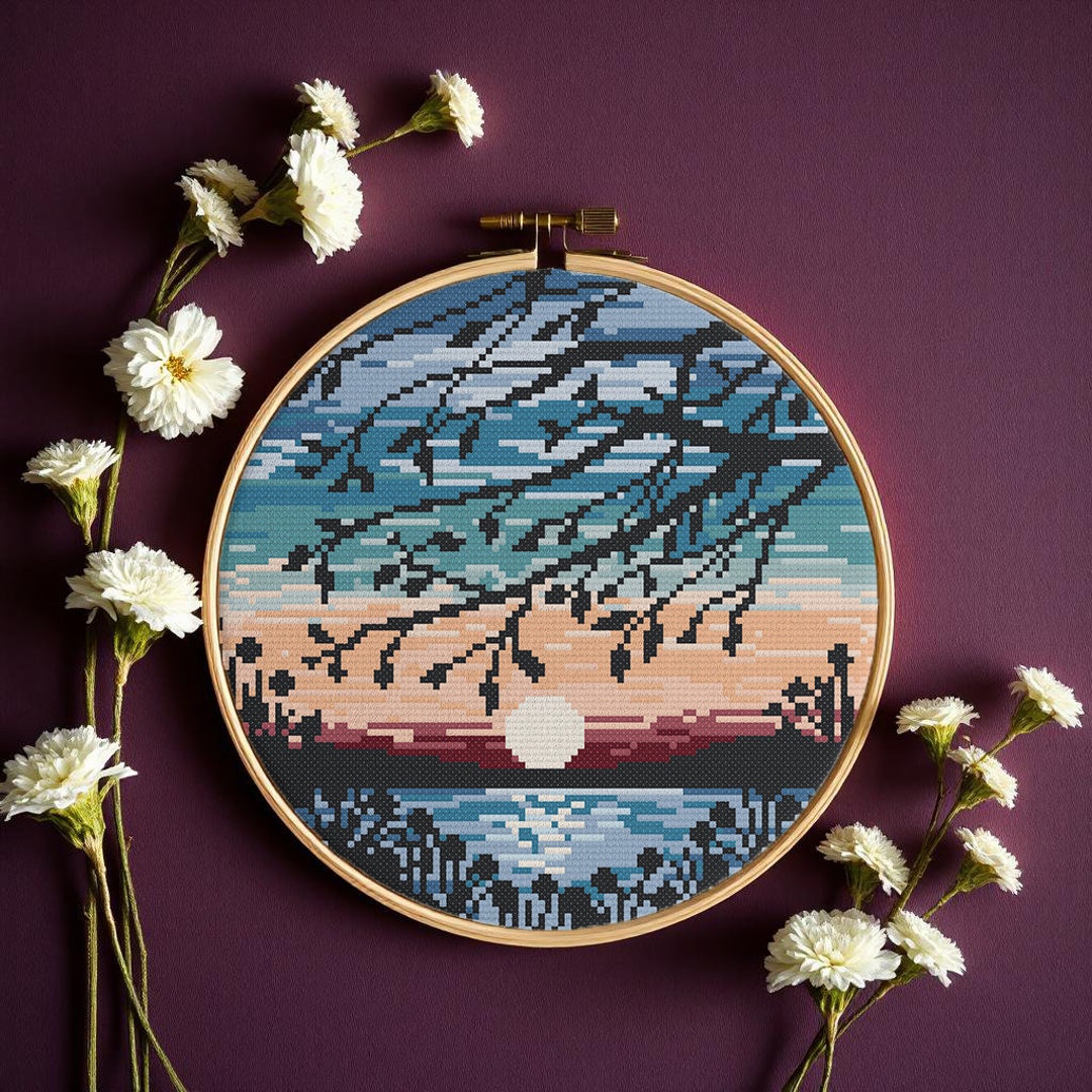 Sunset Lake Cross Stitch Pattern: Easy Landscape Embroidery (PDF File ...