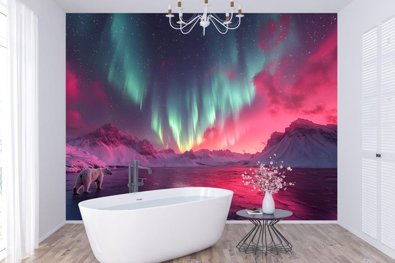 Aurora Borealis Polar Bear Mural: Arctic Landscape Peel and Stick ...