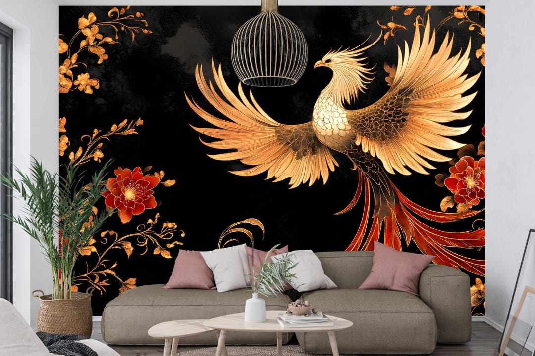 Phoenix and Floral Pattern Wallpaper Mural | Luxury Wall Art With Bird ...