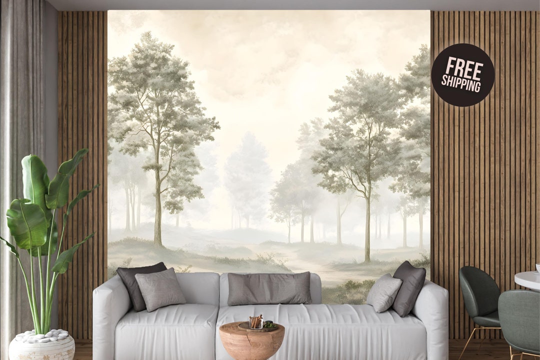 Neutral Forest Tree Wallpaper Mural: Peel and Stick Landscape Wall ...