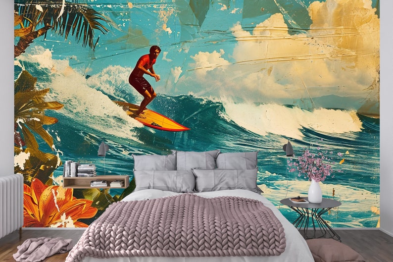 Vintage Tropical Funky Surfer Peel and Stick Tile Wallpaper Mural Decal ...