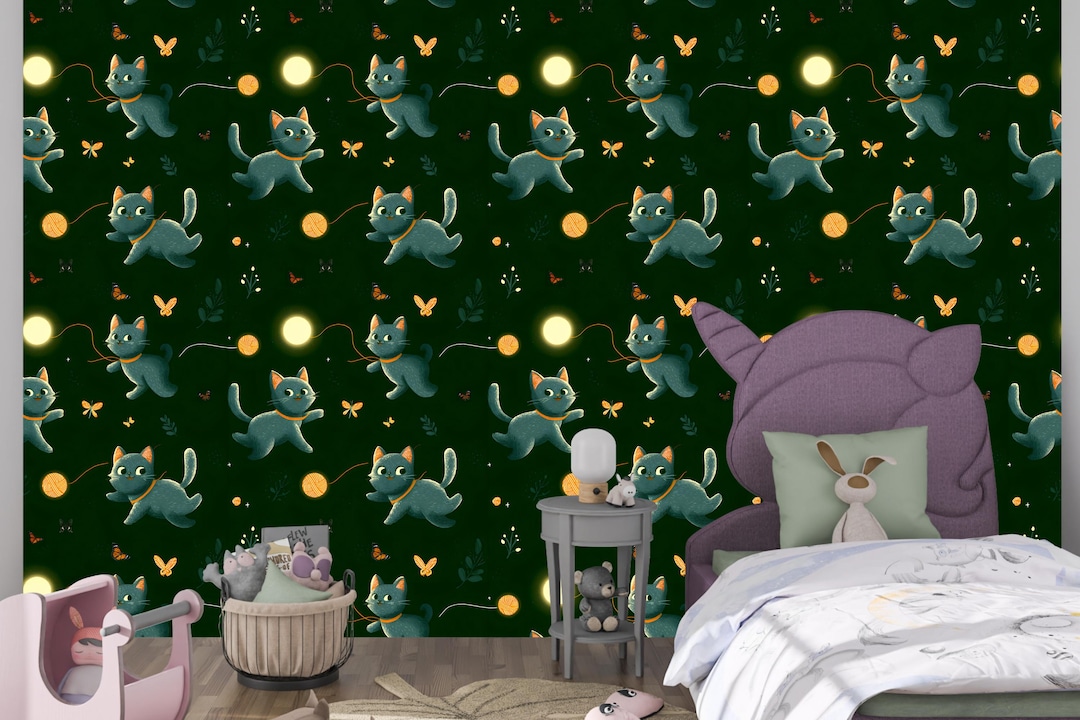 Cute Cat Wallpaper – Dark Green Nursery Decor, Peel & Stick Removable ...