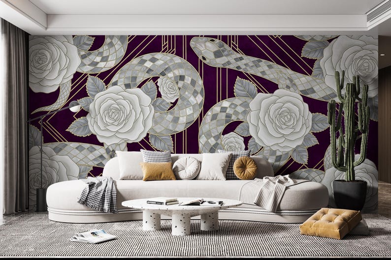Art Deco Wallpaper Snake & Rose Mural – Purple Gold Geometric Peel and ...