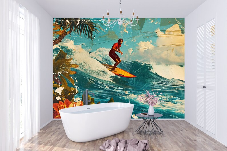 Vintage Tropical Funky Surfer Peel and Stick Tile Wallpaper Mural Decal ...