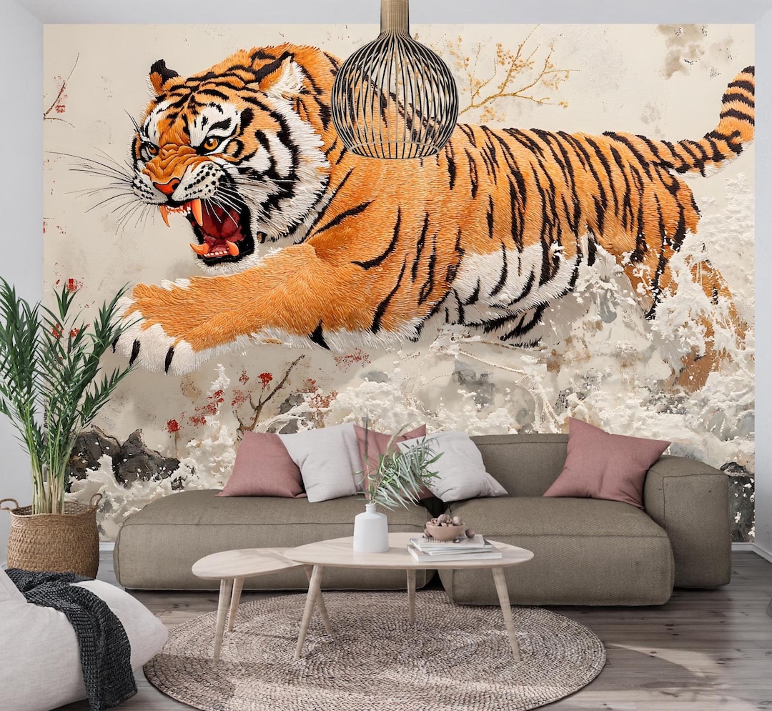 Embroidered Tiger Wallpaper Mural: Luxury Home Decor, Nature Designs - Etsy