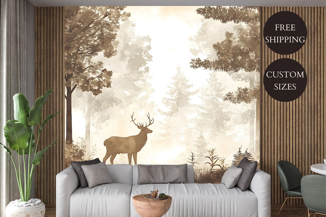 Rustic Woodland Deer Peel and Stick Wallpaper Mural Decal for Cozy Home ...