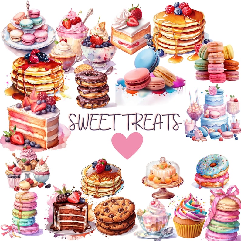Sweet Treats Watercolor Clipart Bundle Tasty Desserts, Donuts, Cookies ...