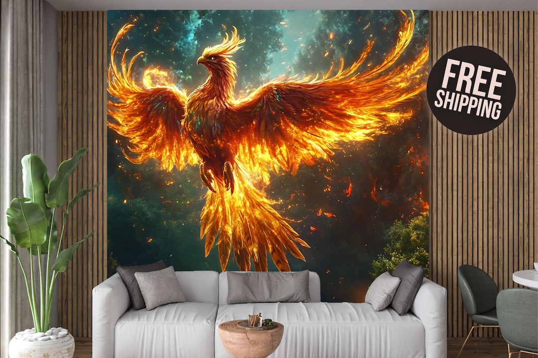 Fantasy Fire Bird Phoenix Forest Peel and Stick Wallpaper Mural Decal ...