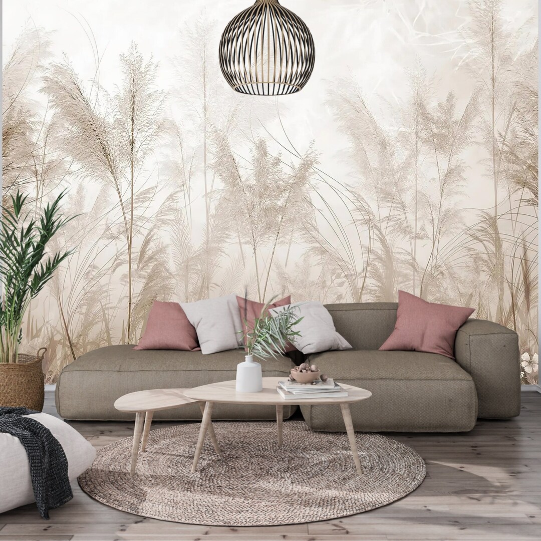 Neutral Pampas Grass Peel and Stick Wallpaper, Textured Matte Canvas ...