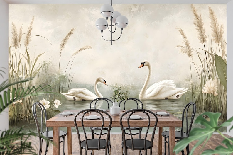 Swan Pond Scene Wallpaper Mural: Peel and Stick Decal - Etsy