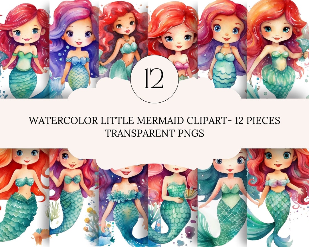 Watercolor Little Mermaid Clipart 12 Pieces Transparent Pngs - Etsy