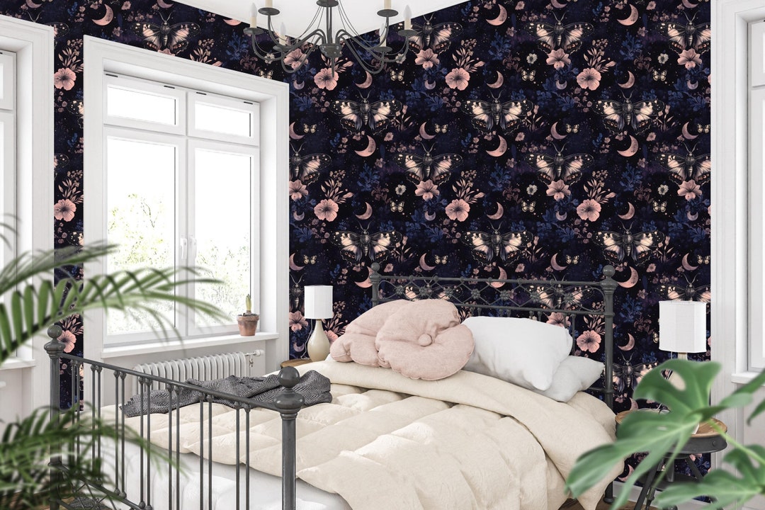 Gothic Floral Moth Wallpaper Mural, Pastel Pattern With Moons and ...