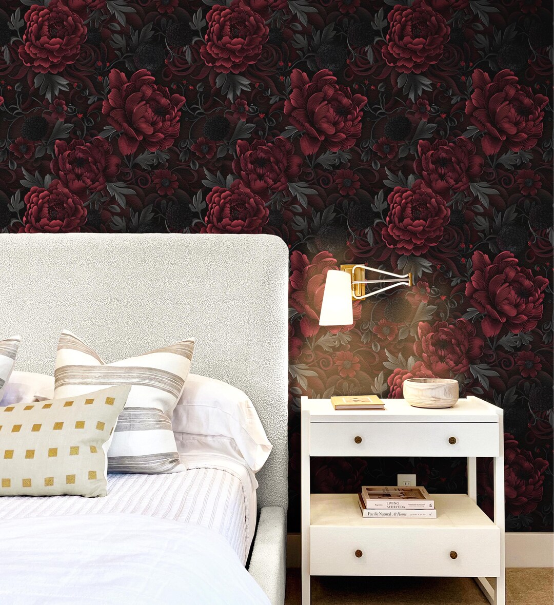 Dark Gothic Peony Floral Wallpaper Wall Mural, Deep Red and Black Peel ...