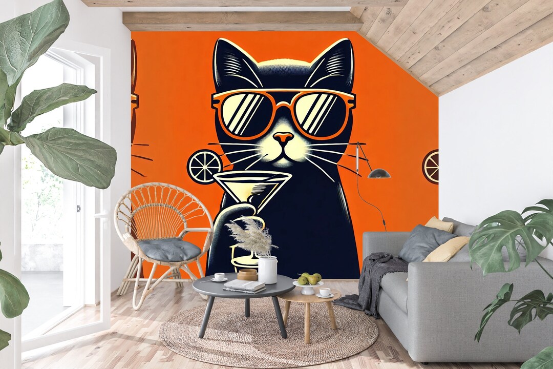 Whimsical Funky Modern Black Kitty Cat Wallpaper Wall Art - Peel and ...