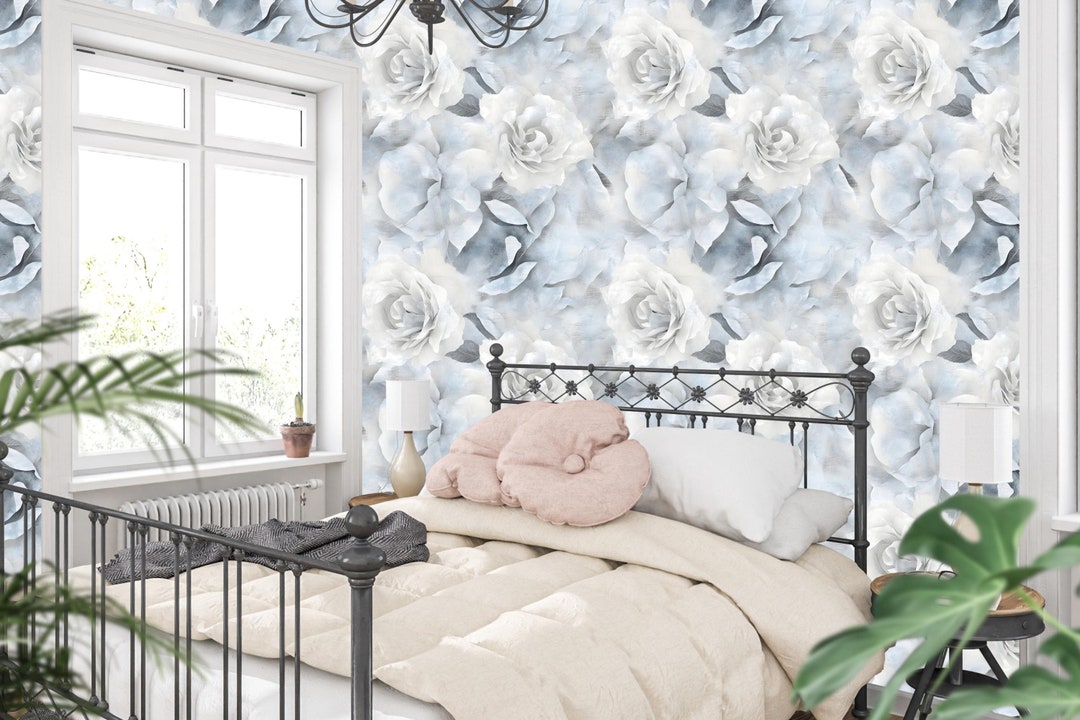 Wallpaper Blue Gray Rose Floral Mural- Peel and Stick Removable ...