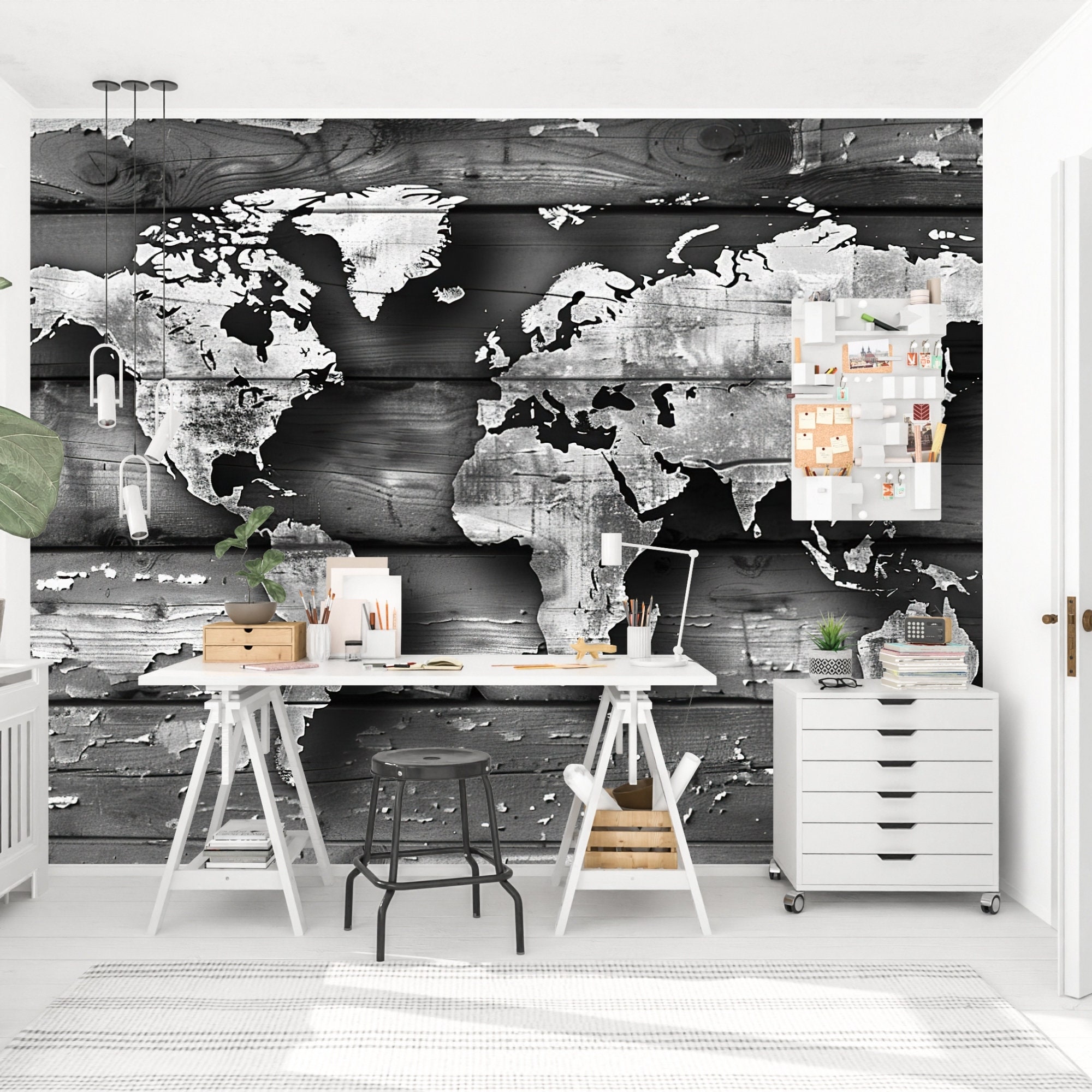 Rustic World Map Peel and Stick Wallpaper, Monochrome Textured Canvas ...