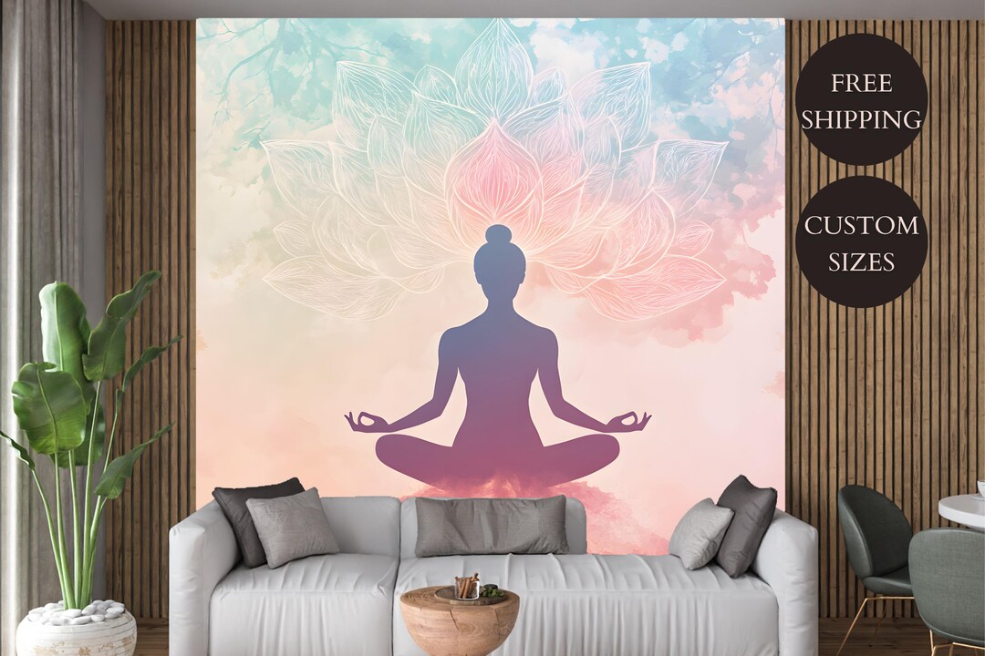 Lotus Meditation Yoga Mural: Peel and Stick Wallpaper - Etsy