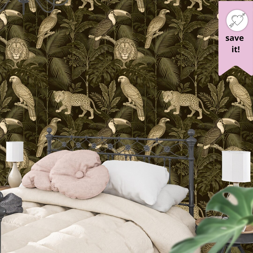 Vintage Jungle Animal Wallpaper Mural, Moody Botanical Living Room Peel ...